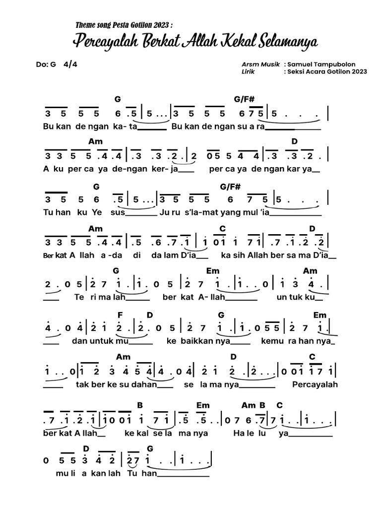 Partitur Lagu Gotilon 2023 Percayalah Berkat Allah Kekal Selamanya | PDF