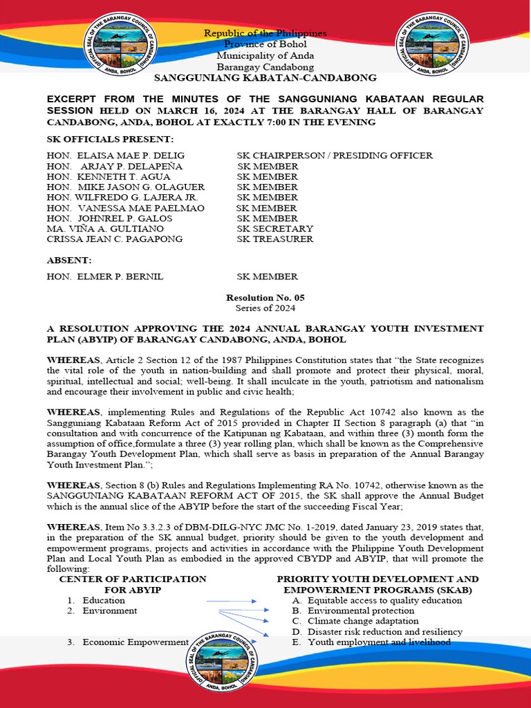SK Resolution No. 05-24-ABYIP | PDF | Wellness