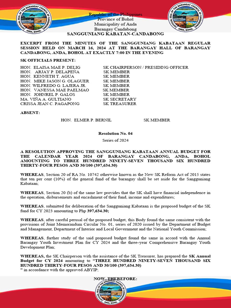 SK Resolution No. 04-24-Annual Budget | PDF | Government