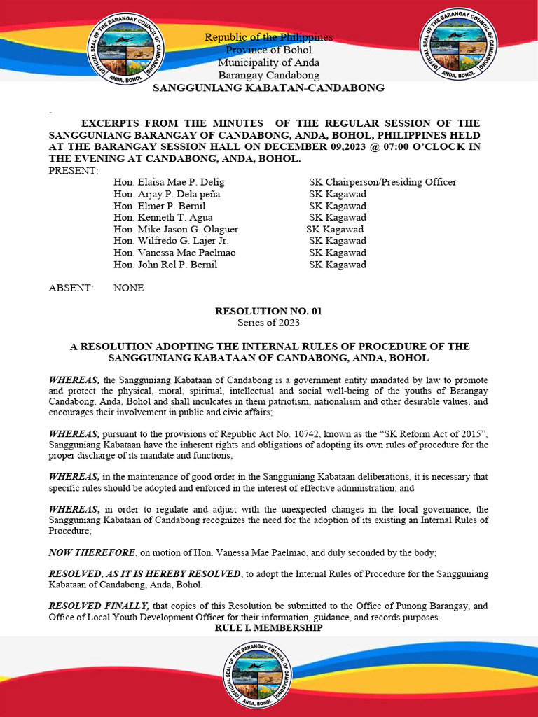 SK Resolution No. 01-23-Internal Rules and Procedure | PDF | Quorum ...