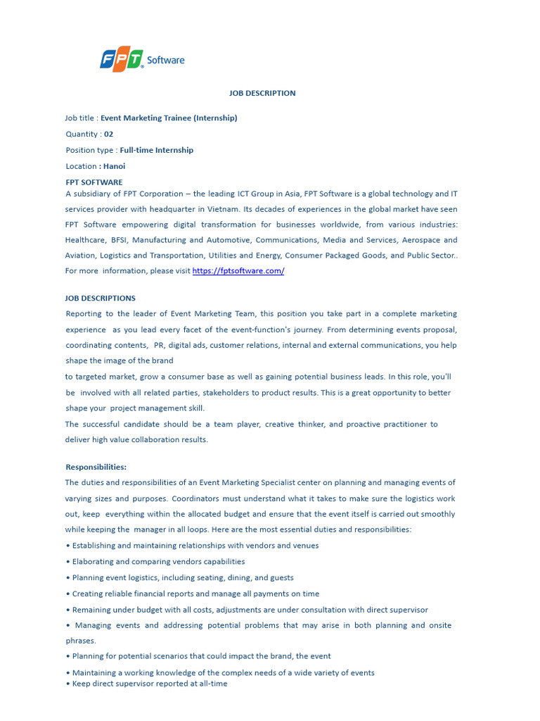 JD - Event Marketing Internship | PDF | Marketing | Logistics