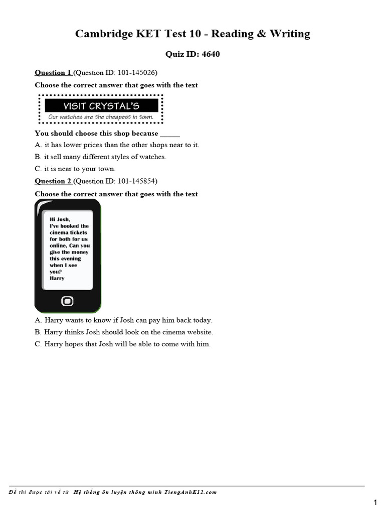 Quiz - 4640 - Cambridge Ket Test 10 - Reading Writing | PDF | Newspapers