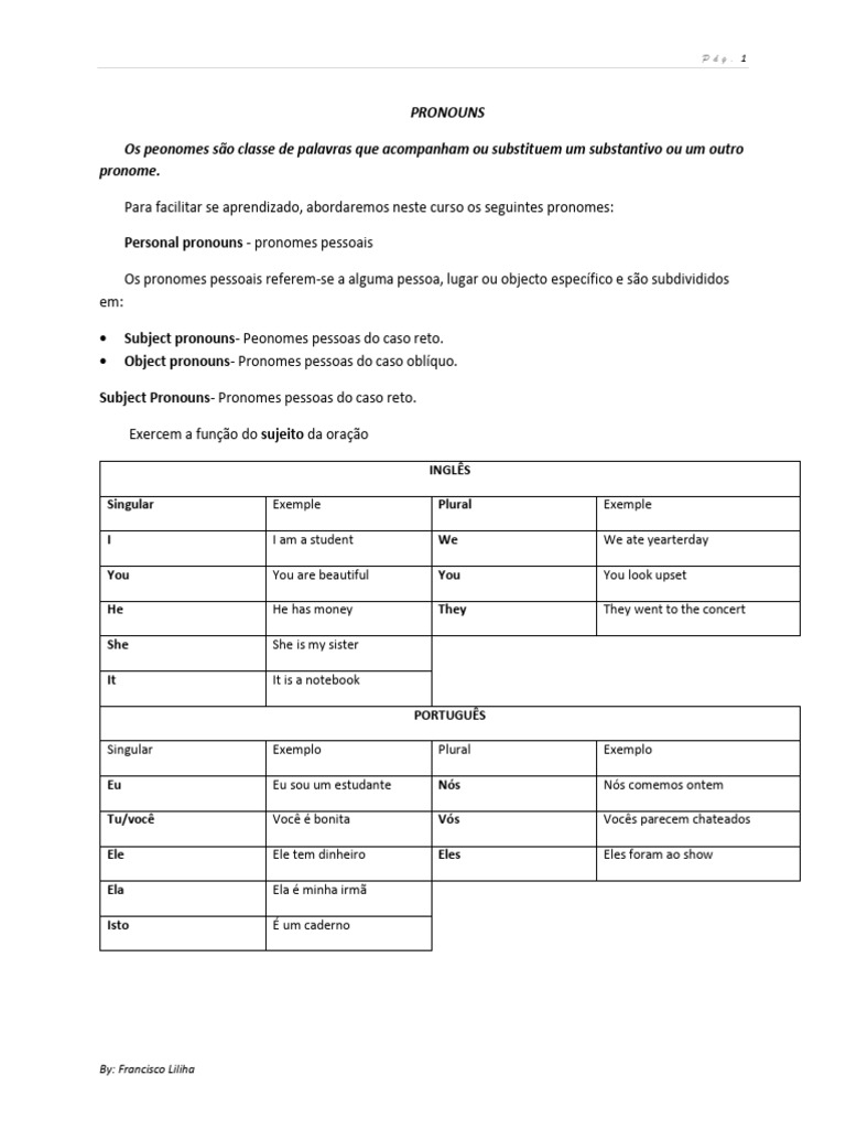 Pronouns Pronomes Pdf Linguística Número Gramatical