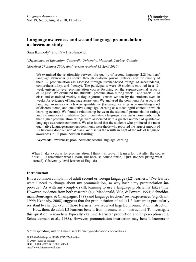 Language Awareness and Second Language Pronunciationa Classroom Study ...