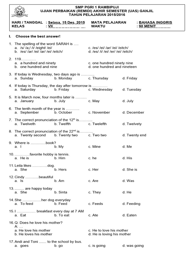 CONTOH SOAL REMIDI UAS KLS VII | PDF