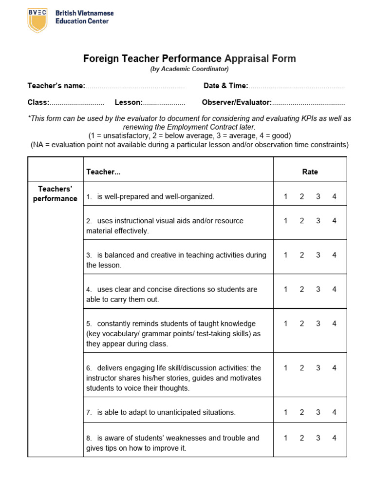(BVEC) Foreign Teacher Performance Appraisal Form | PDF | Teachers ...