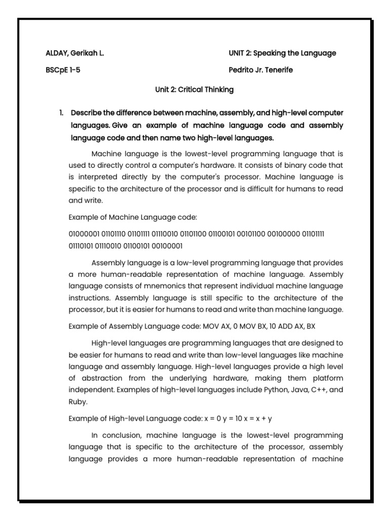 ALDAY - Unit 2 Critical Thinking | PDF | Assembly Language | Computer Programming
