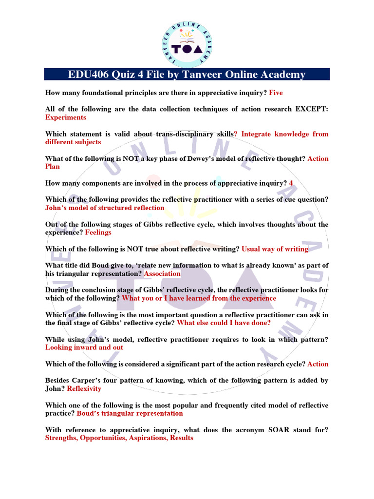 EDU406 Quiz 4 File by Tanveer Online Academy | PDF | Reflective ...