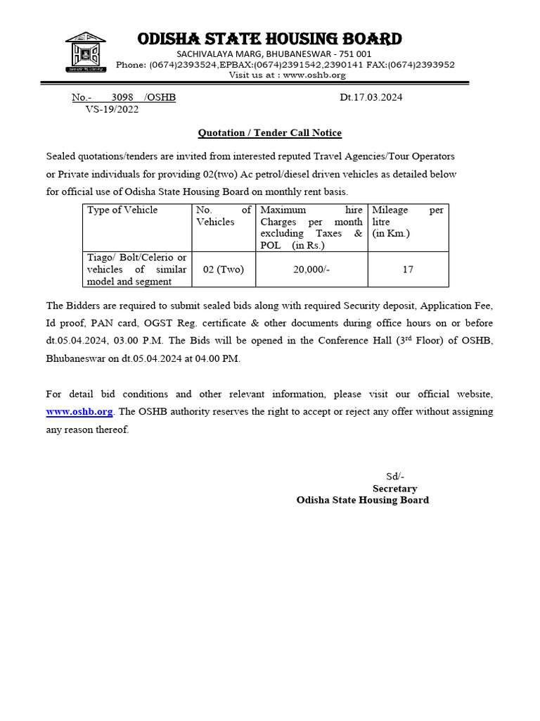 Quotation Tender Call Notice 1 | PDF | Vehicles | Fuel Economy In Automobiles