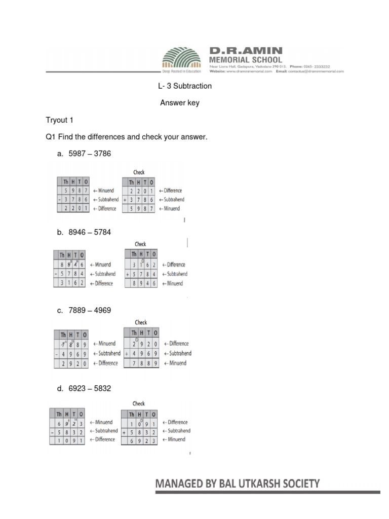 L-3 Subtraction Answer Key Tryout 1 Q1 Find The Differences and Check ...