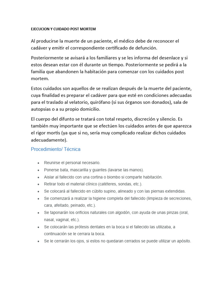 EJECUCION Y CUIDADO POST MORTEM | PDF | Autopsia | Medicina