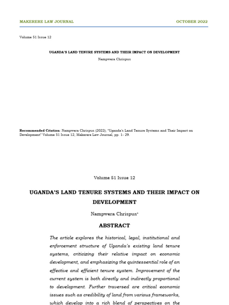 Uganda's Land Tenure Systems Explained | PDF | Leasehold Estate | Poverty