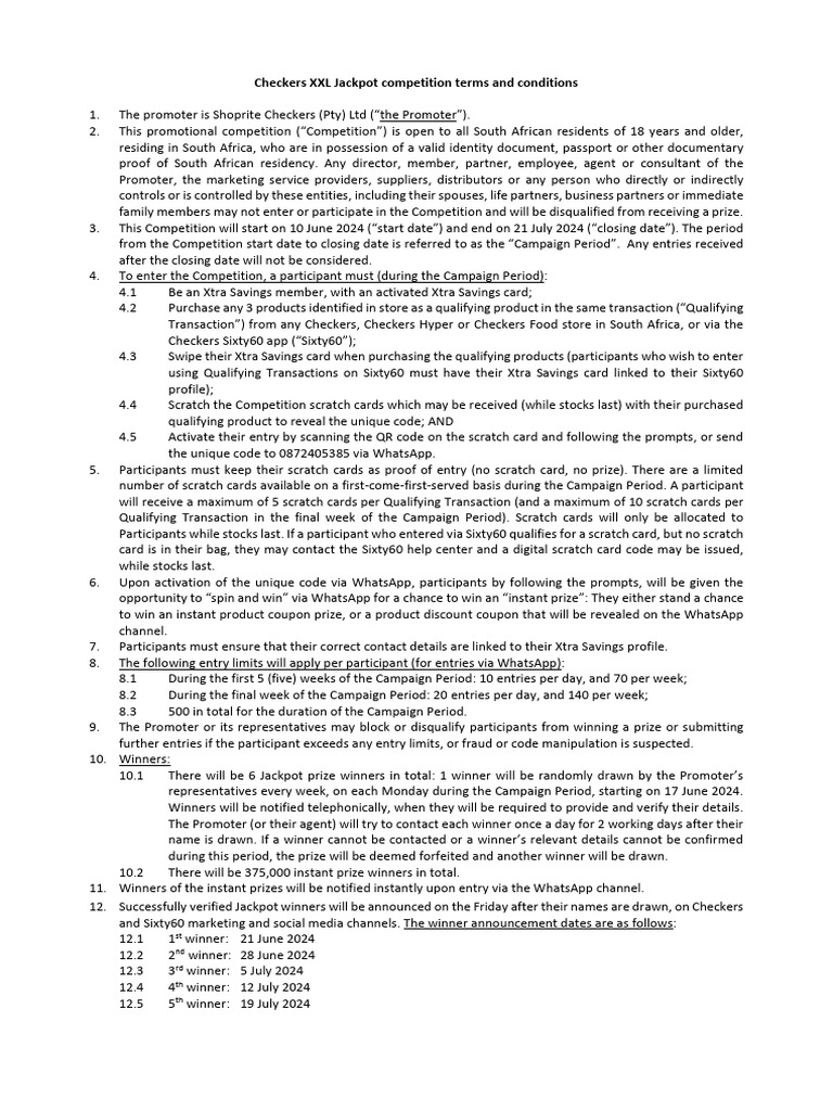 Checkers XXL Jackpot Competition Rules | PDF | Copyright | Intellectual ...