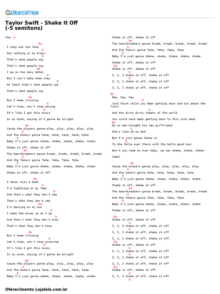 Taylor Swift - Shake It Off [Uke Cifras] | Download Free PDF | Billboard Number One Singles ...