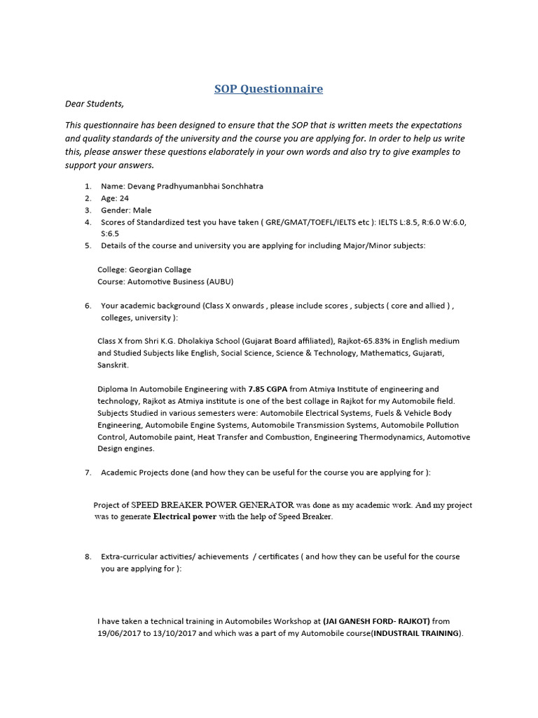 Devang Sonchhatra SOP | PDF | Car | Engines