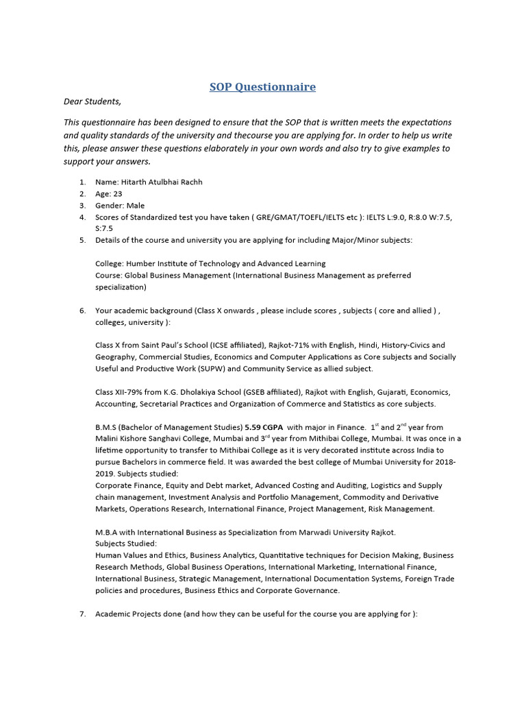 SOP Questionnaire for Business Management | PDF | Master Of Business ...