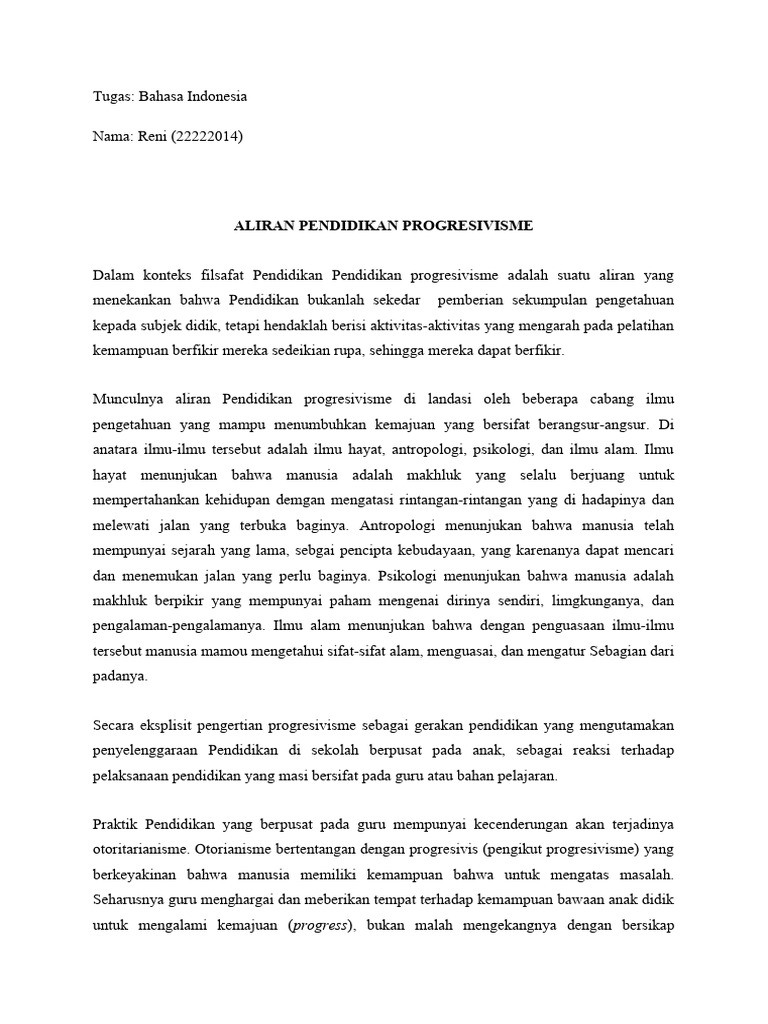 Aliran Pendidikan Progresivisme (Tugas Reni B Indo) | PDF | Sains & Matematika