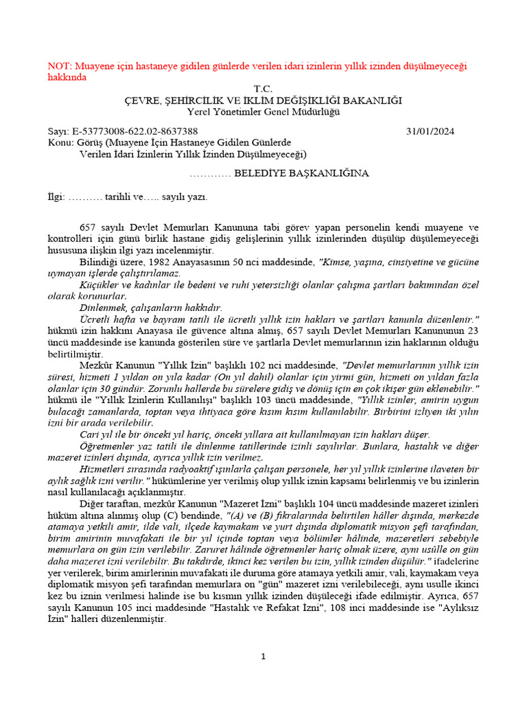 31 01 2024 Muayene C N Hastaneye G D Len Gunlerde Ver Len Dar Z Nler N Yillik Z Nden ...