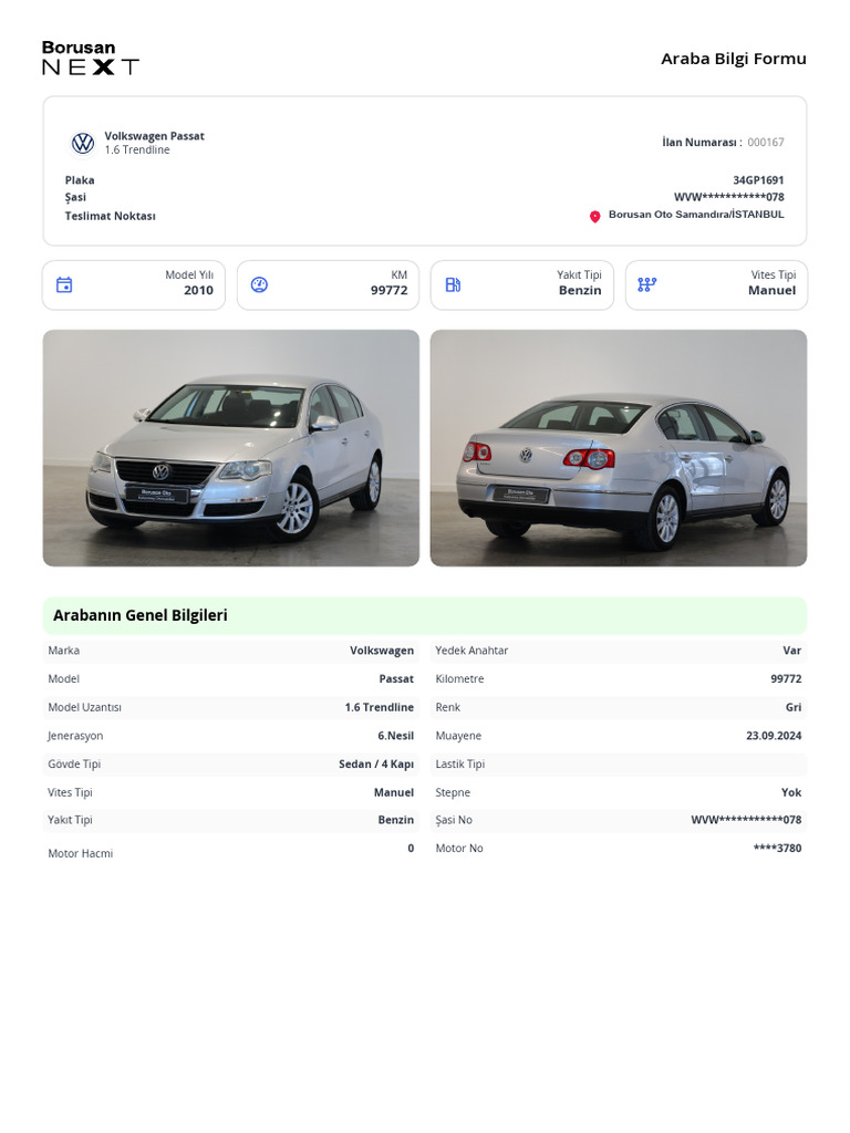 2010 99772 Benzin Manuel: Araba Bilgi Formu | PDF