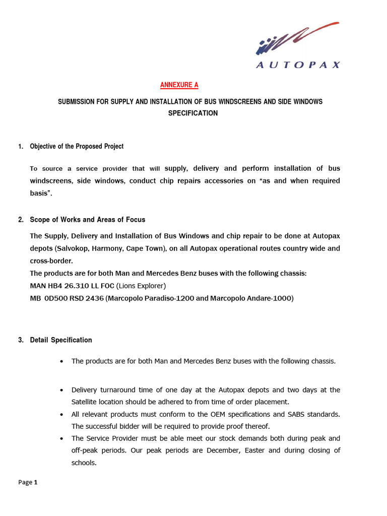 1 Annexure A - Submission For Supply and Installation of Bus Windscreens and Side Windows ...