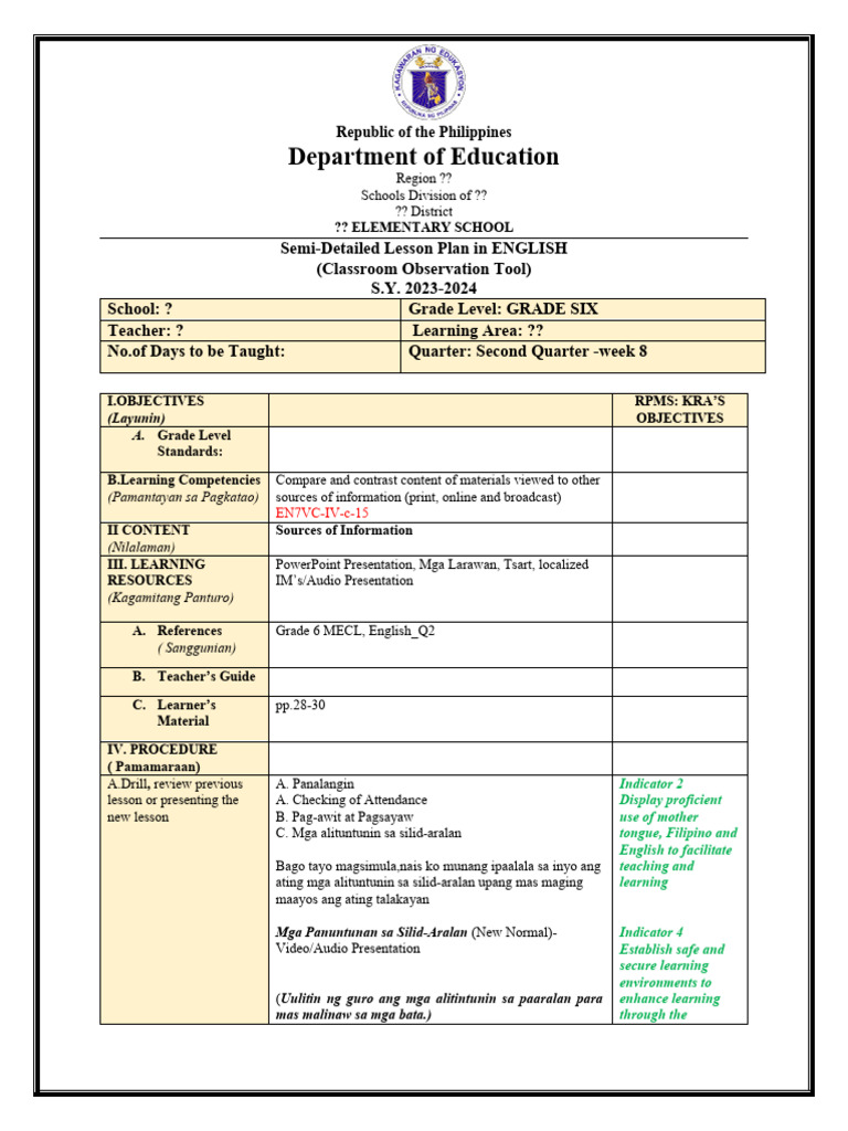 Cot Eng6 W8 Q2 | PDF | Learning | Information
