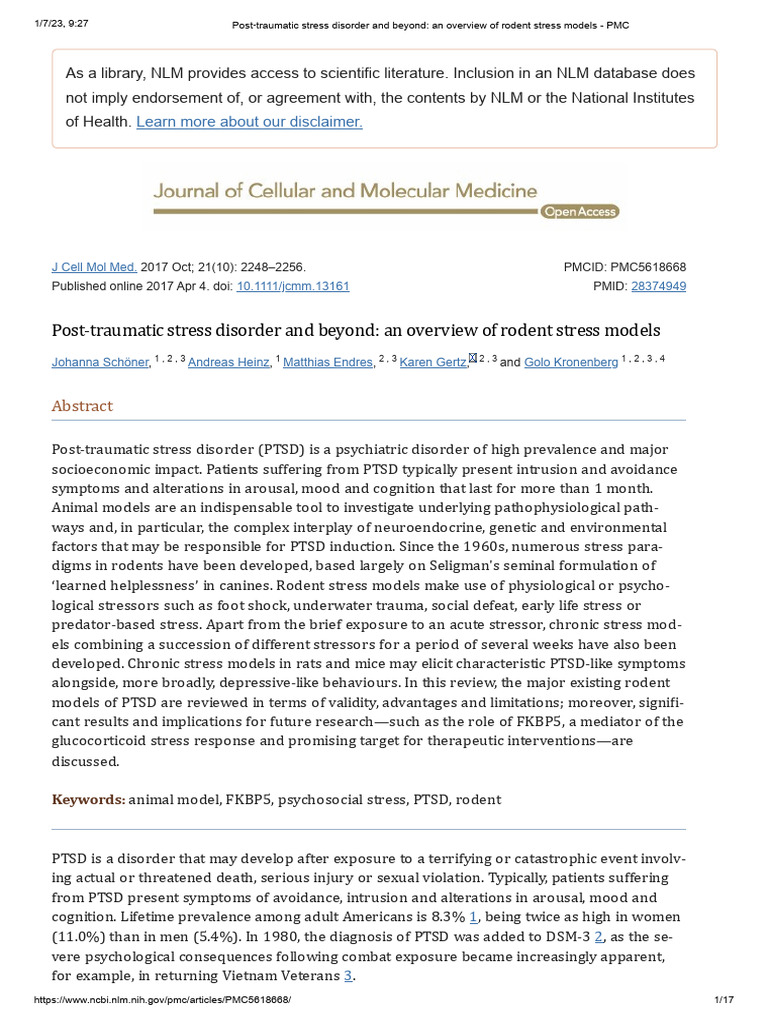 Post‐traumatic stress disorder and beyond_ an overview of rodent stress ...
