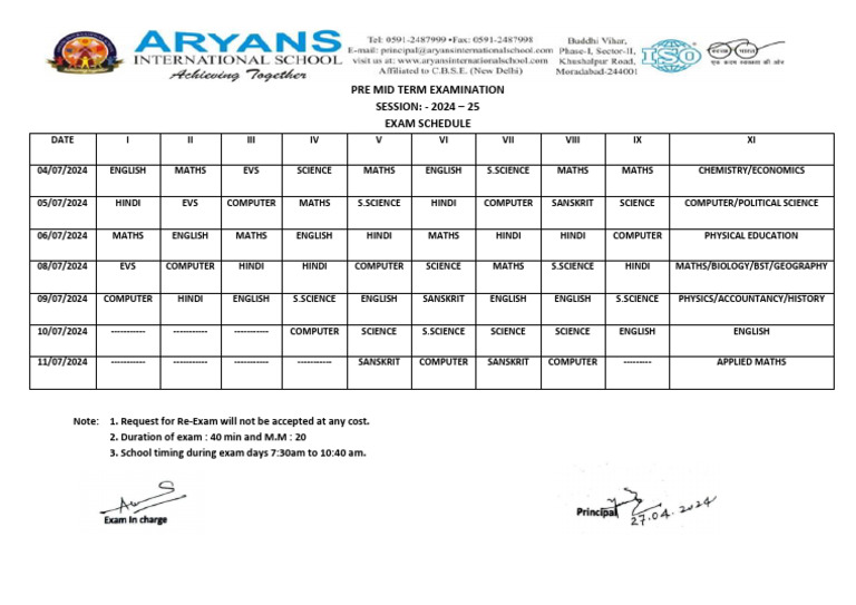 Pre Mid Term Examination SESSION: - 2024 - 25 Exam Schedule | PDF