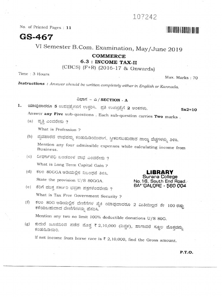 2019 MayJune B.com 6th Sem Income Tax - II GS-467 | PDF