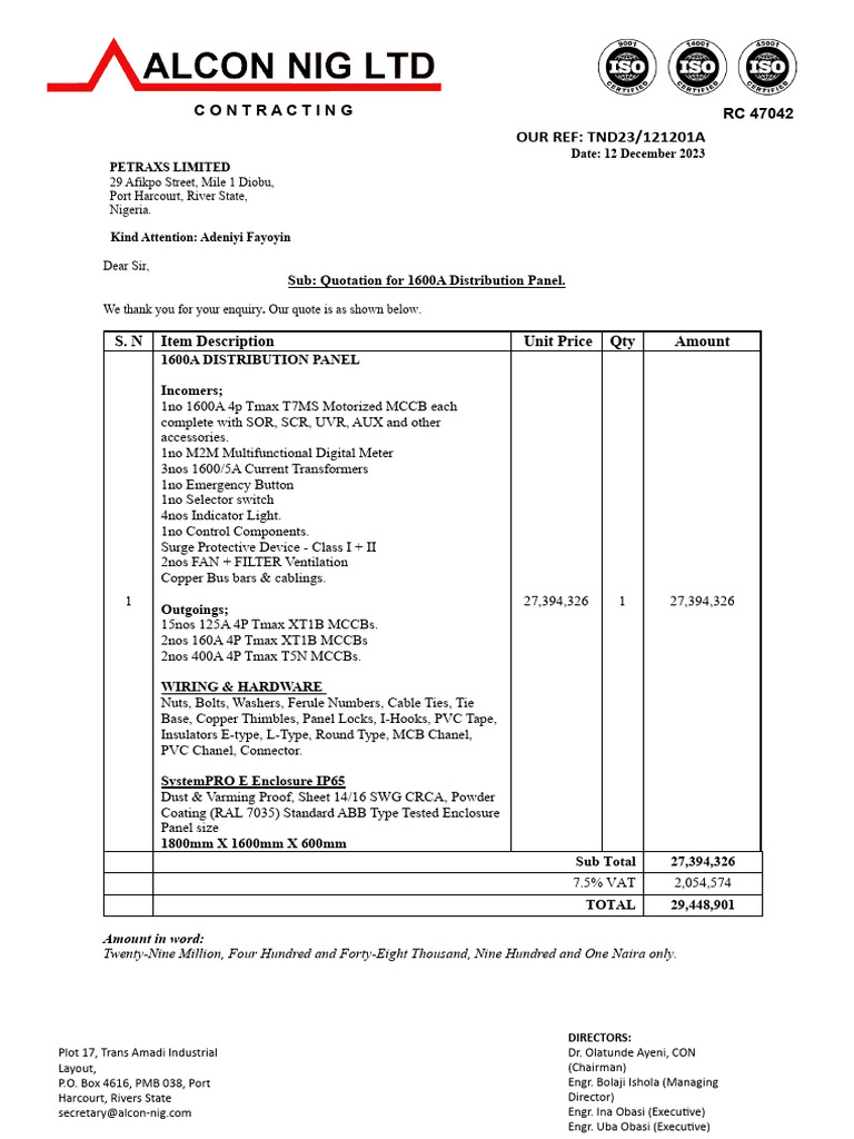 Quotation for 1600A Distribution Panel | PDF | Manufactured Goods ...
