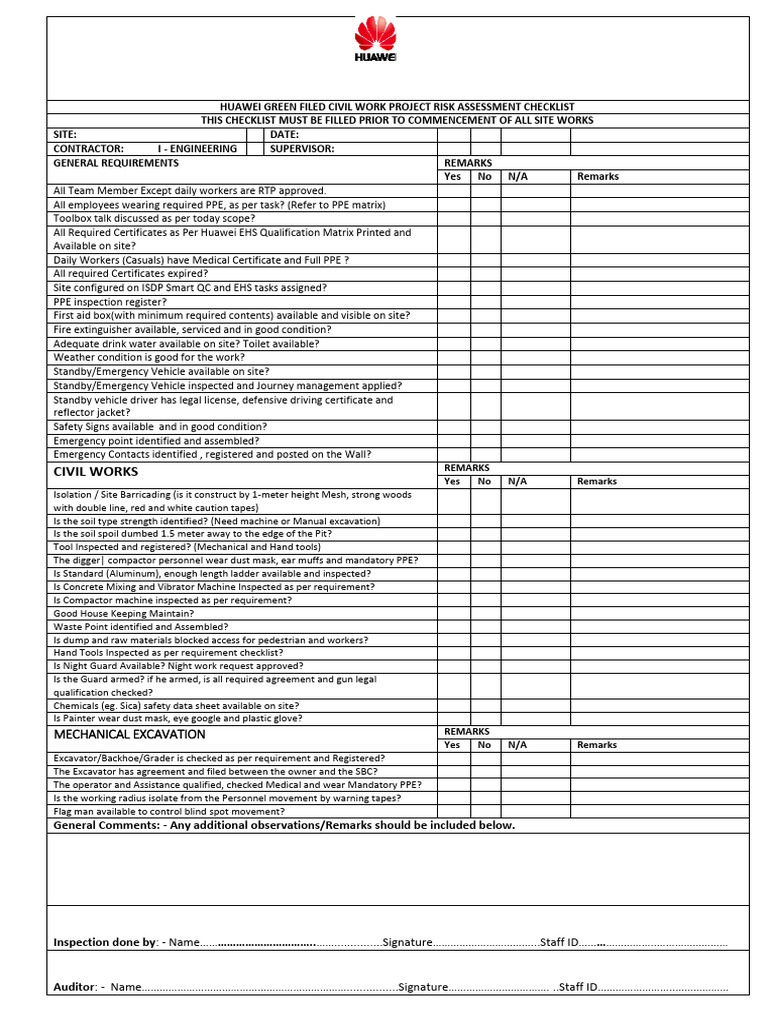 Huawei Green Filed Civil Work Project Risk Assessment Checklist 1 1-1 ...