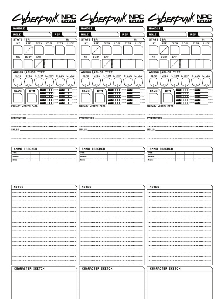 Cyberpunk+NPC+Sheet+ +Notes+&+Sketch+B&W | PDF | Computer Programming