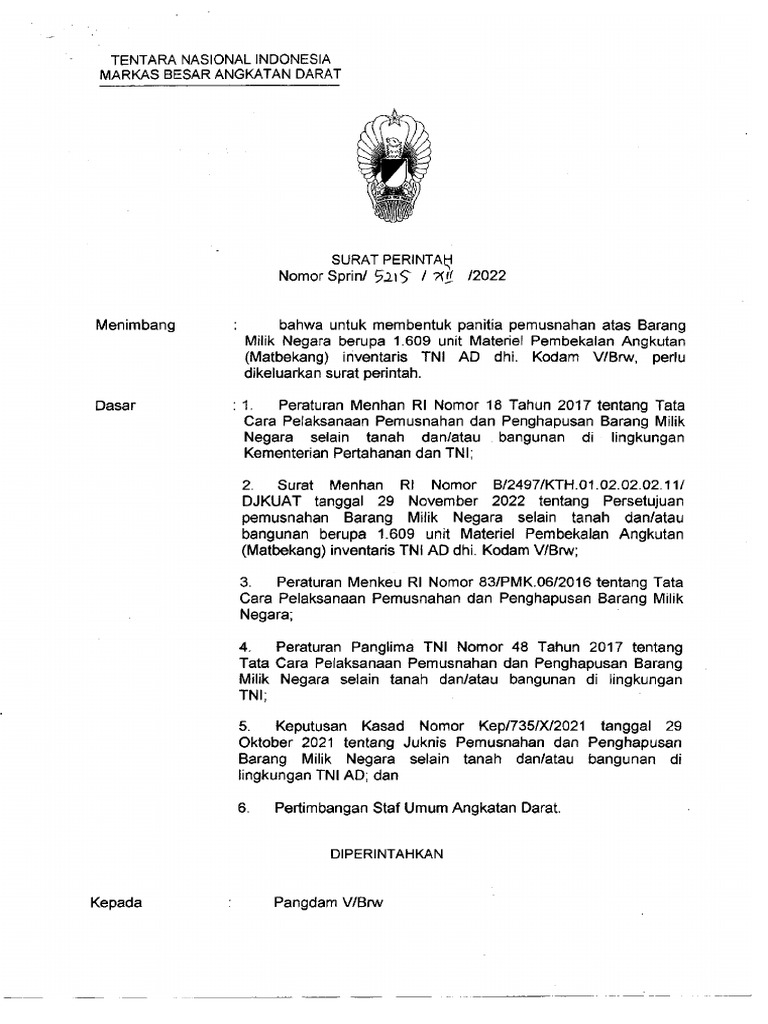 Belum SPRIN KASAD PEMBETUKAN PANITIA PEMUSNAHAN 1.609 UNIT MATBEKANG | PDF