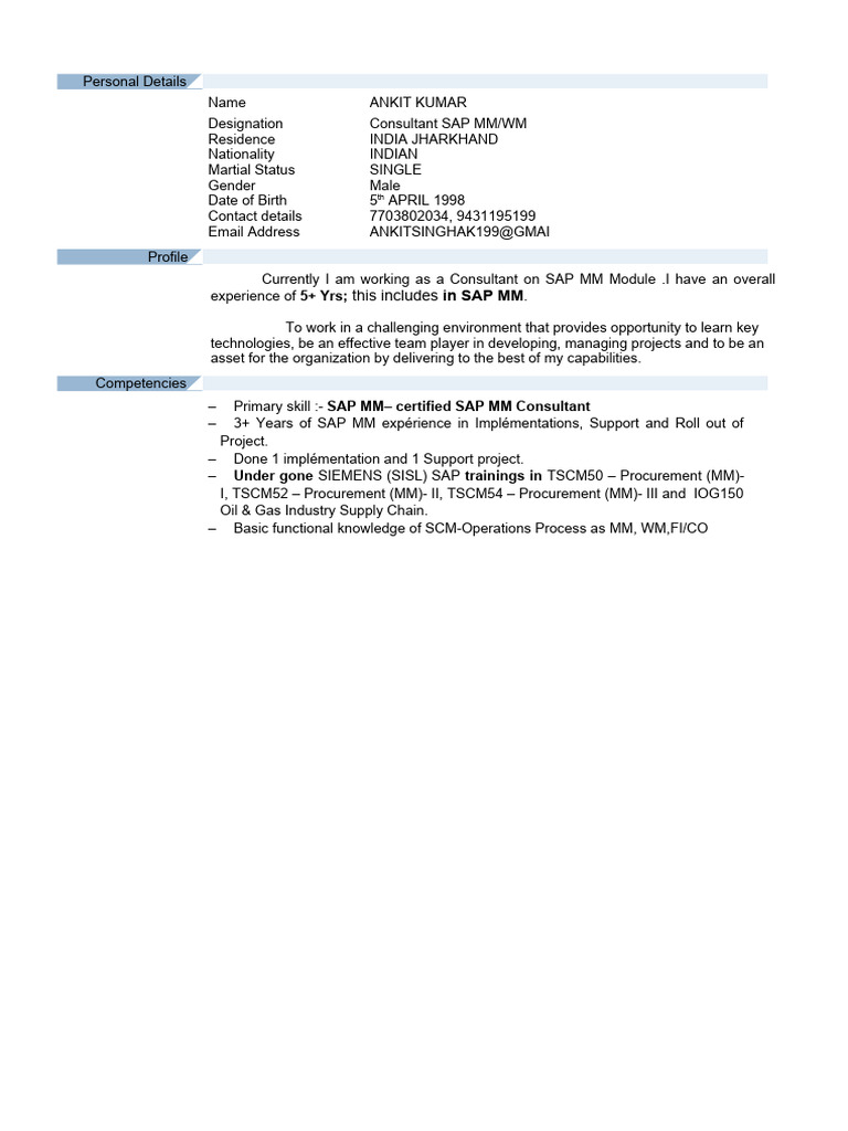 SAP MM Module Resume With 3 Years Experience | PDF | Consultant | Business