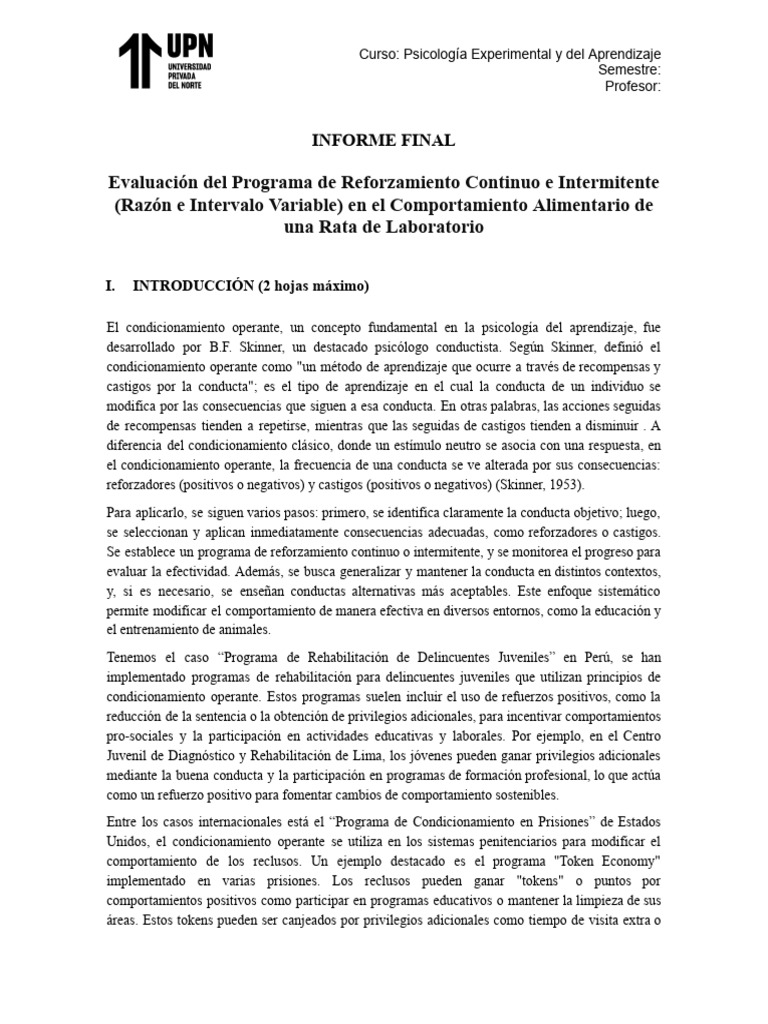 Informe Experimental - 2024 | PDF | Comportamiento | Teorías psicologicas