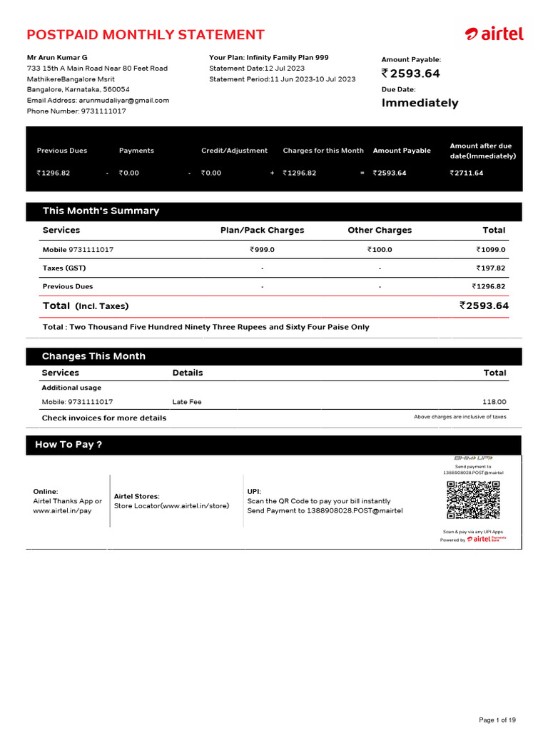 Airtel Postpaid Bill Summary July 2023 | PDF | Cheque | Payments