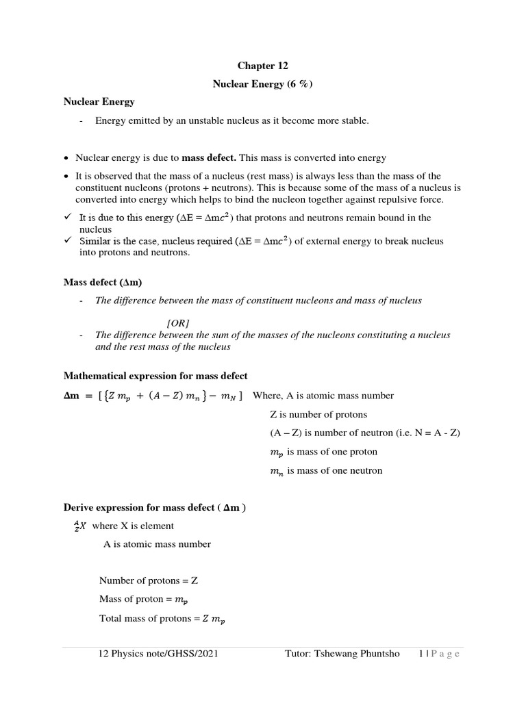 12 Physics Chapter 12 Notes | PDF | Nuclear Fusion | Atomic Nucleus