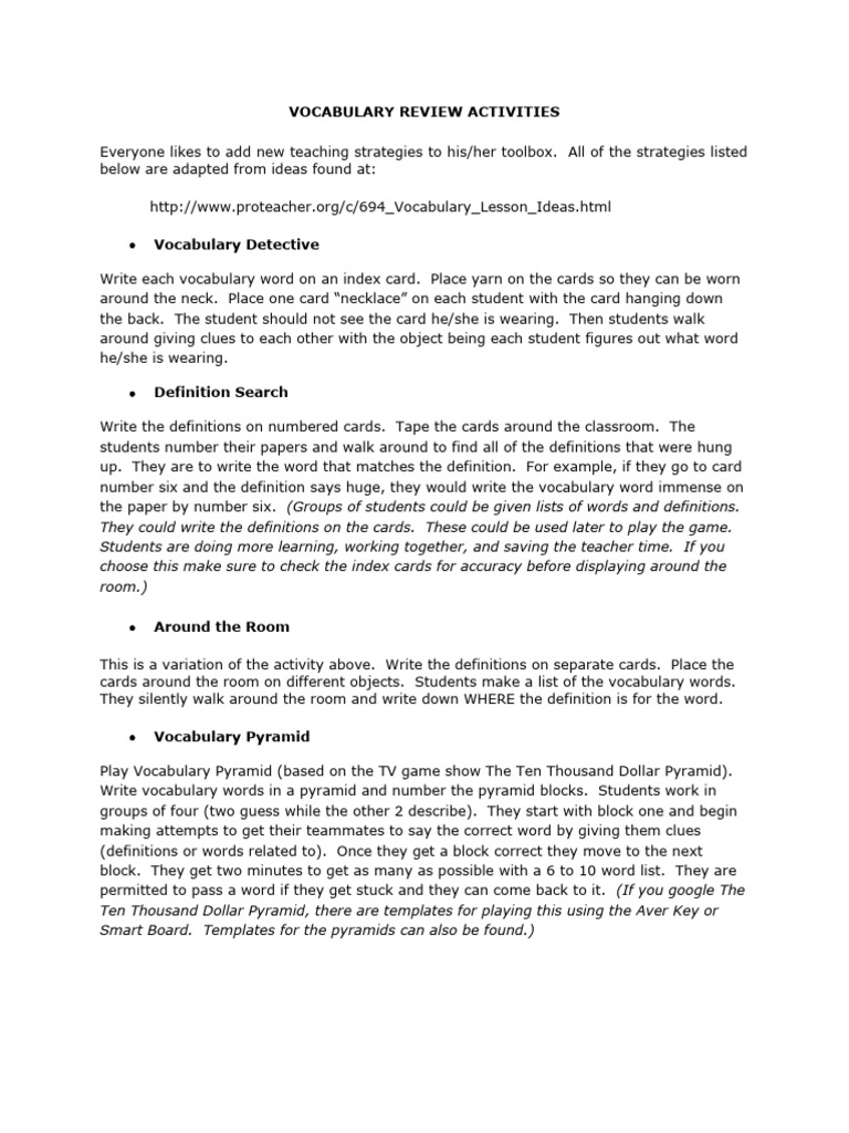 Vocabulary Review Activities | PDF | Vocabulary