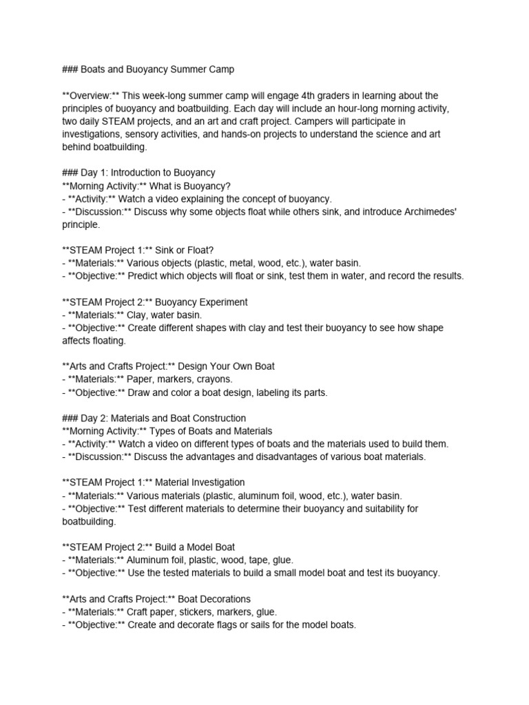 Boats and Buoyancy Summer Camp | PDF | Buoyancy | Weight