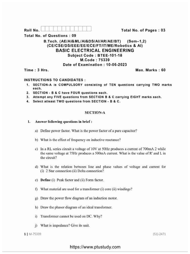 Btech 1 Sem 2 Sem Basic Electrical Engineering 75339 Jun 2023 | PDF Btech 1 Sem 2 Sem Basic Electrical Engineering 75339 Jun 2023 | PDF