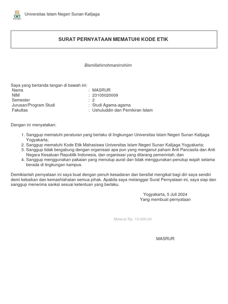 Pernyataan Etik dan UKT Masrur | PDF