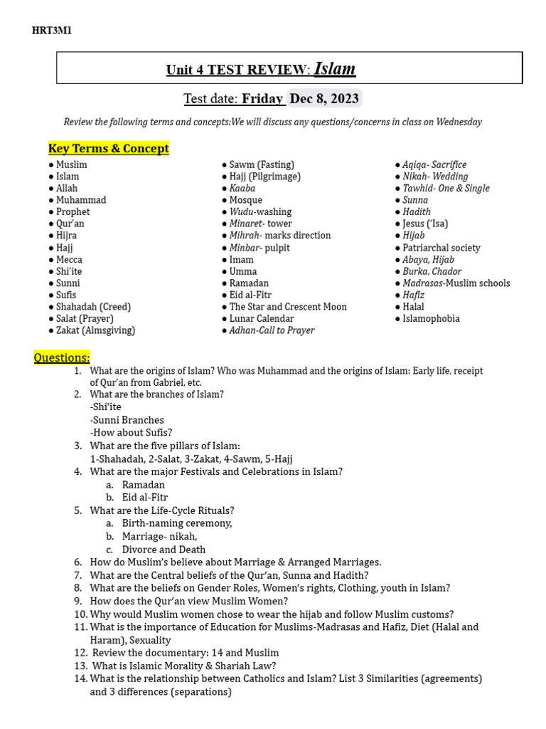 Islam Test Review (HRE 3M) | PDF | Hajj | Muhammad