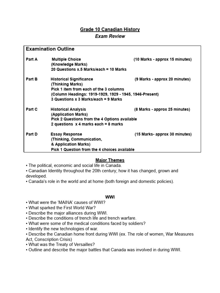 CHC2D Exam Review Jan 2023 | PDF | Canada | World War I