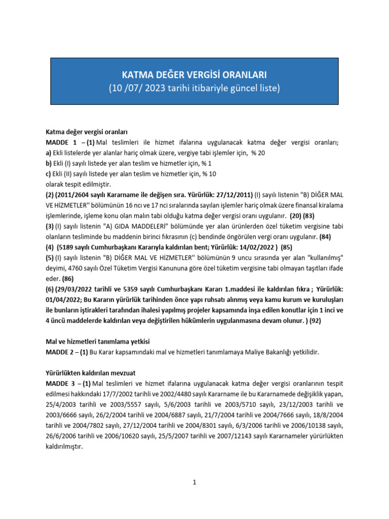 KDV-Oranları-7 7 2023 | PDF