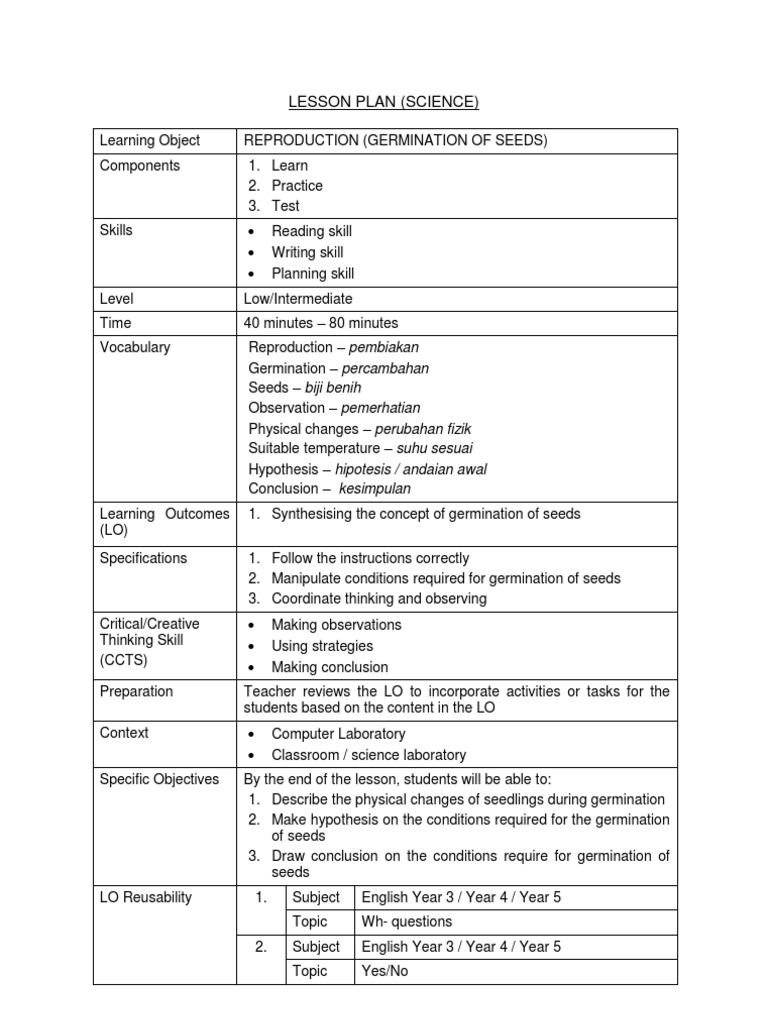 Lesson Plan - Germination of Seeds | PDF | Lesson Plan | Germination
