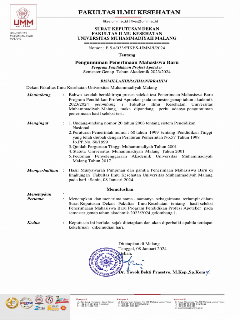 SK Kelulusan PMB Apoteker Genap 2023-2024 | PDF