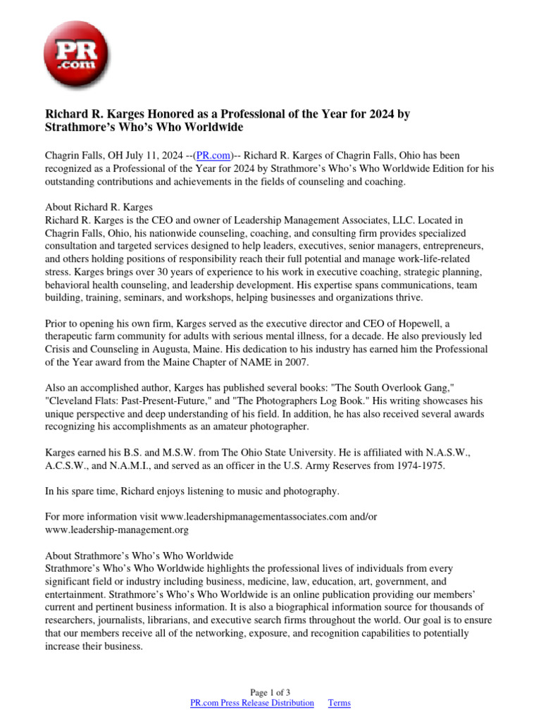 Richard R. Karges Honored As A Professional of The Year For 2024 by ...