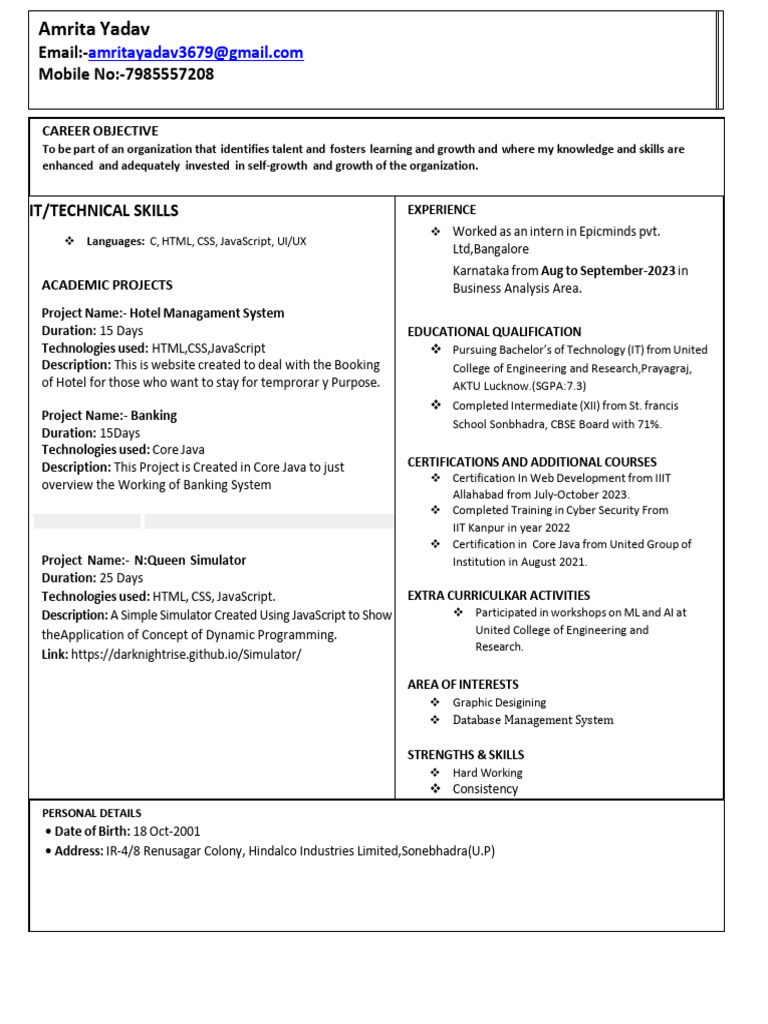 Amrita Yadav Resume | PDF | Web Development | Software Development