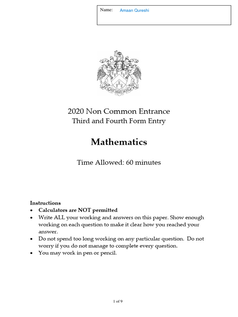 Oundle 13+ Maths Past Paper 2020 | PDF | Numbers | Algebra