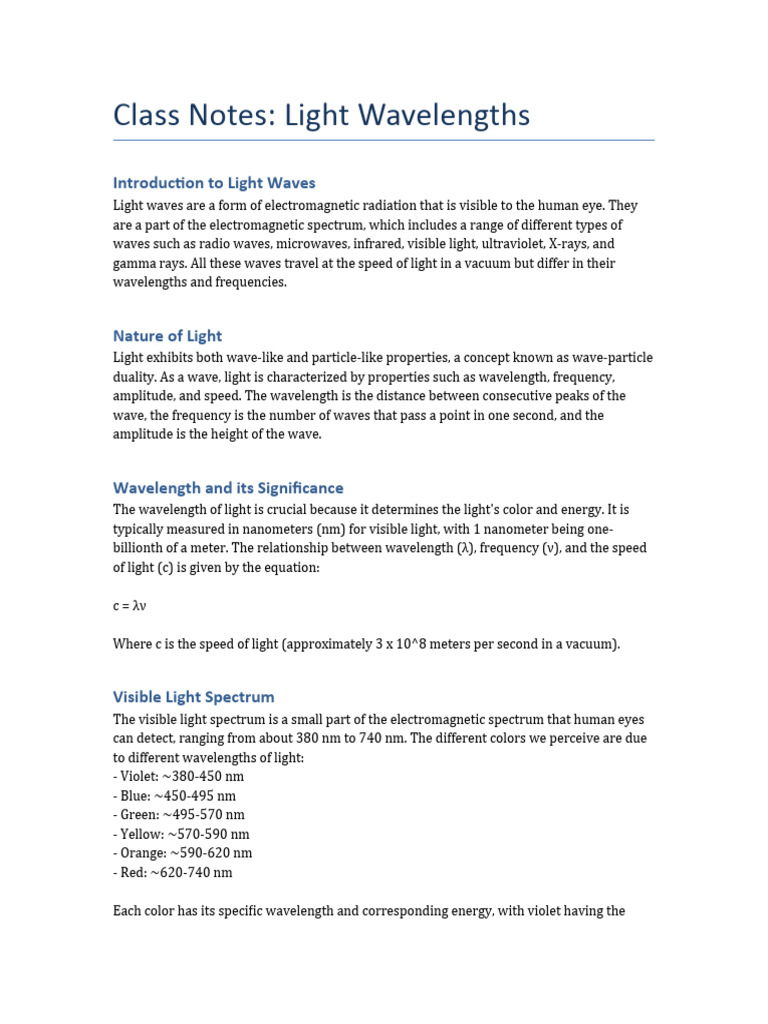 Light Wavelengths Class Notes | PDF | Electromagnetic Spectrum | Light