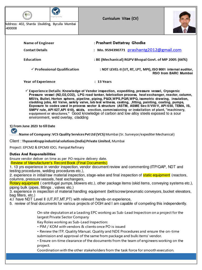 Mechanical Engineer CV - Prashant Ghodke | PDF | Pipe (Fluid Conveyance ...
